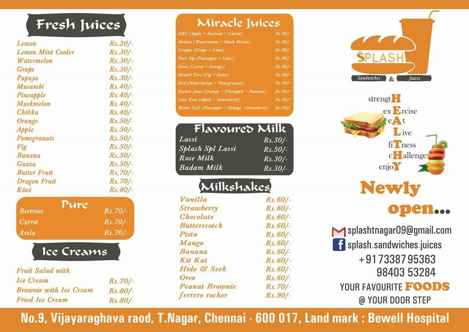 Menu at Splash Sandwiches & Juices, Chennai
