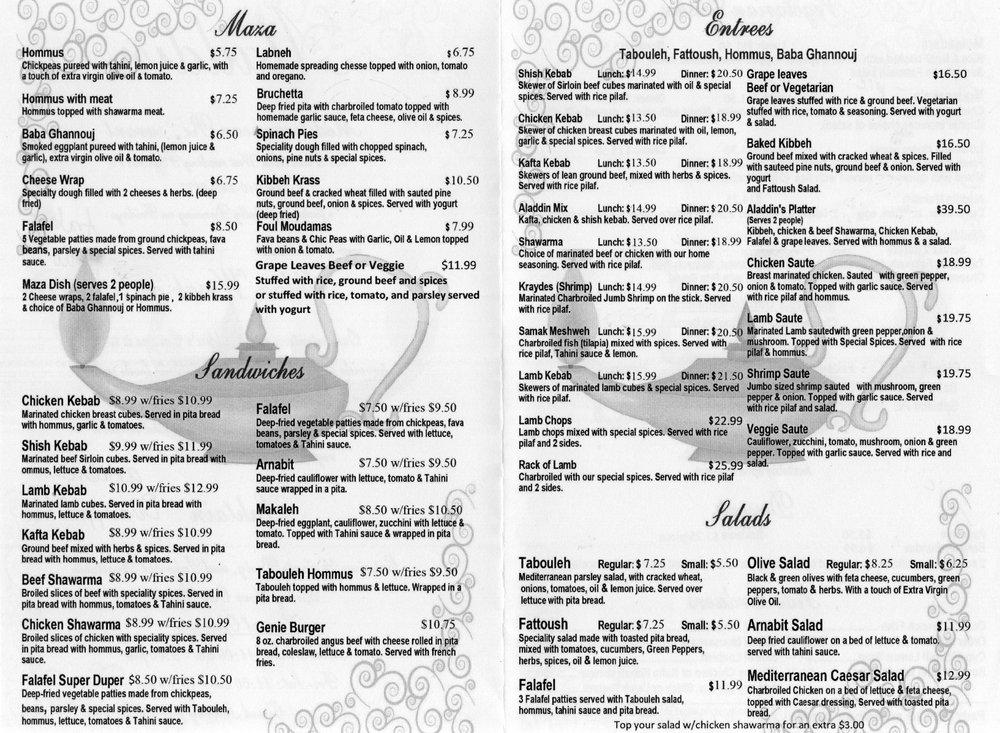 Menu at Aladdin Restaurant, West Reading
