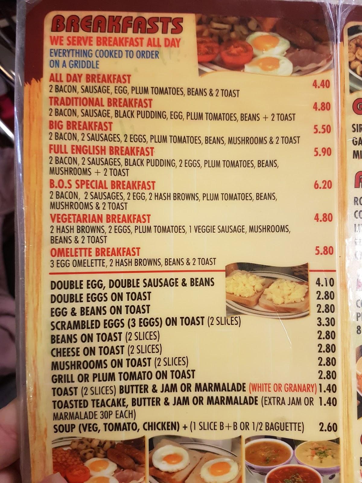 Menu at BOS Cafe, Burnham-on-Sea