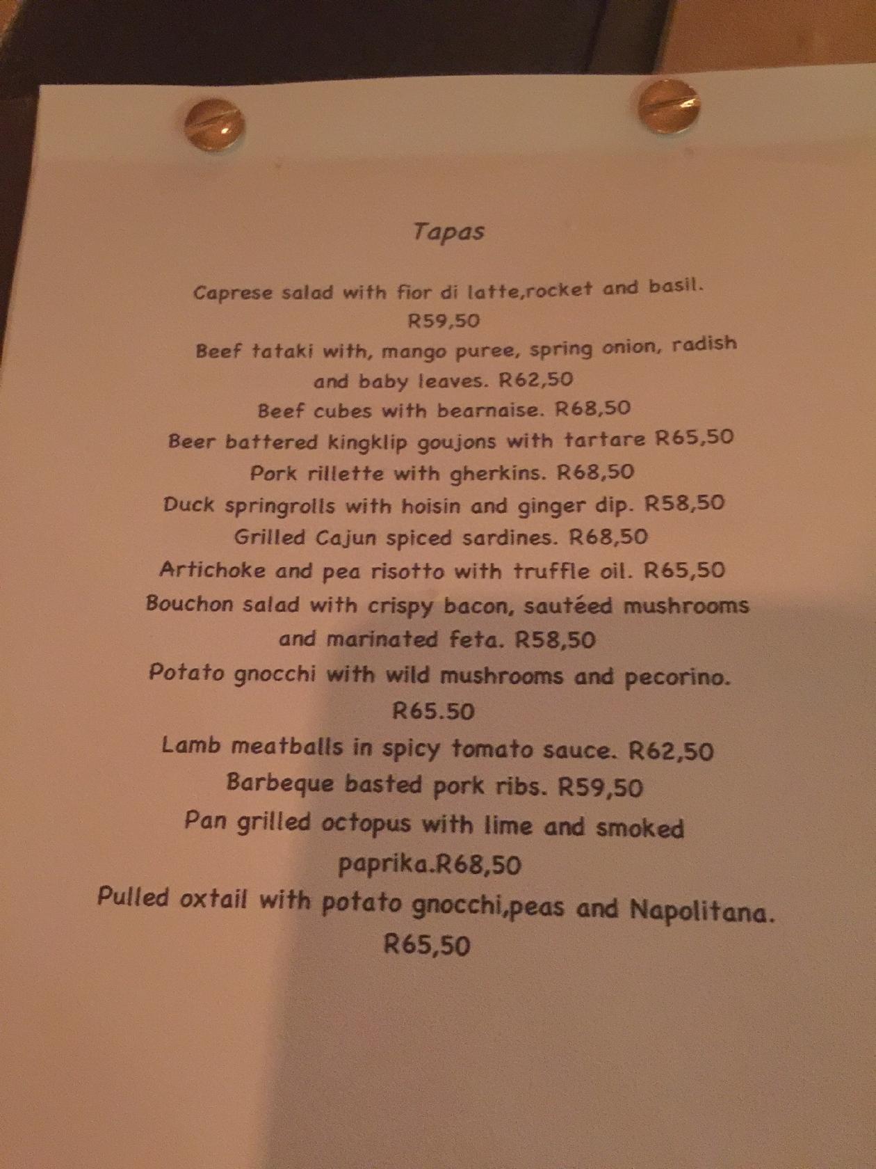 Menu at Bouchon Bistro restaurant, Cape Town