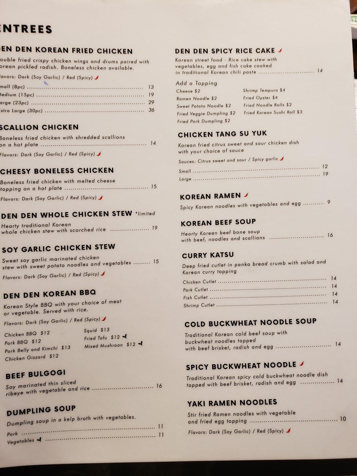 Menu at Den Den Korean Fried Chicken restaurant, Providence