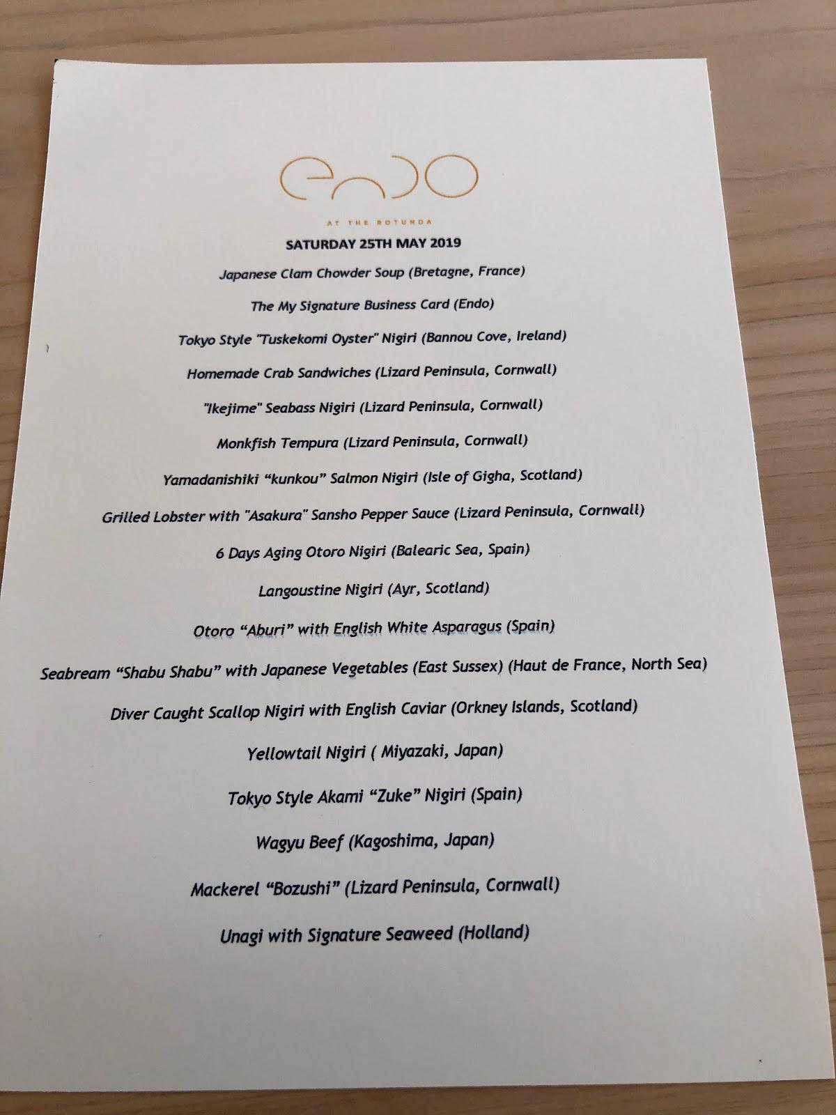 Menu at Endo at the Rotunda restaurant, London