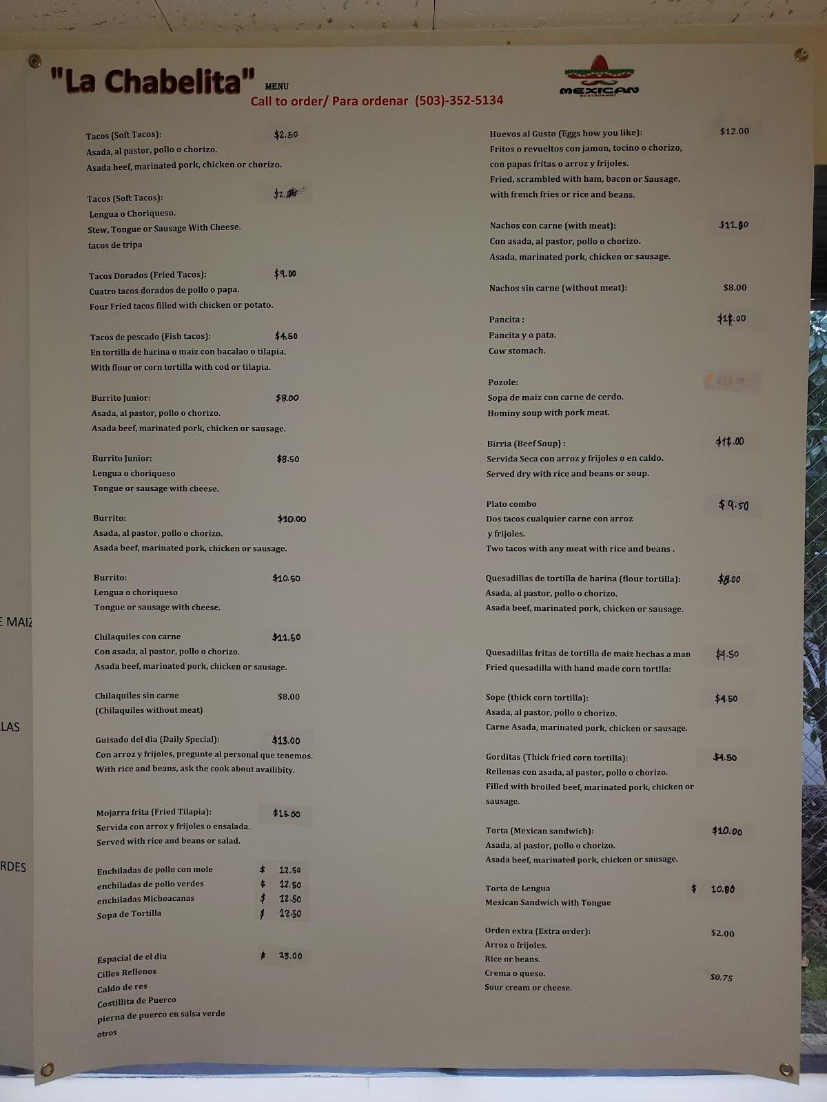 Menu at La Chabelita Taqueria restaurant, Beaverton