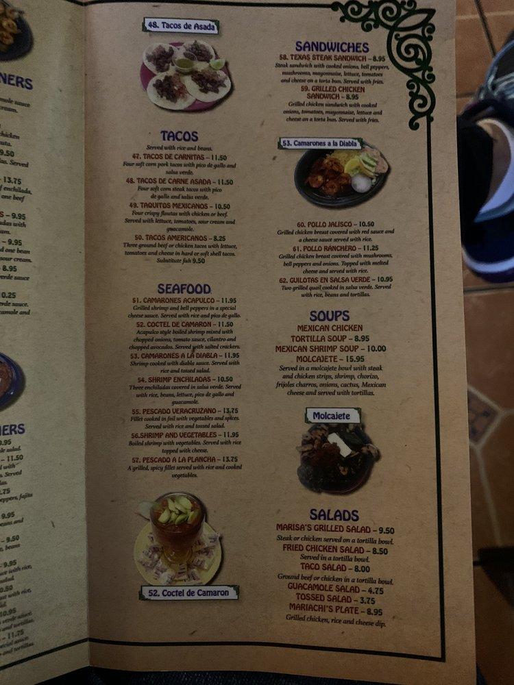 Menu at Mariachi's Mexican Grill restaurant, Gulf Breeze