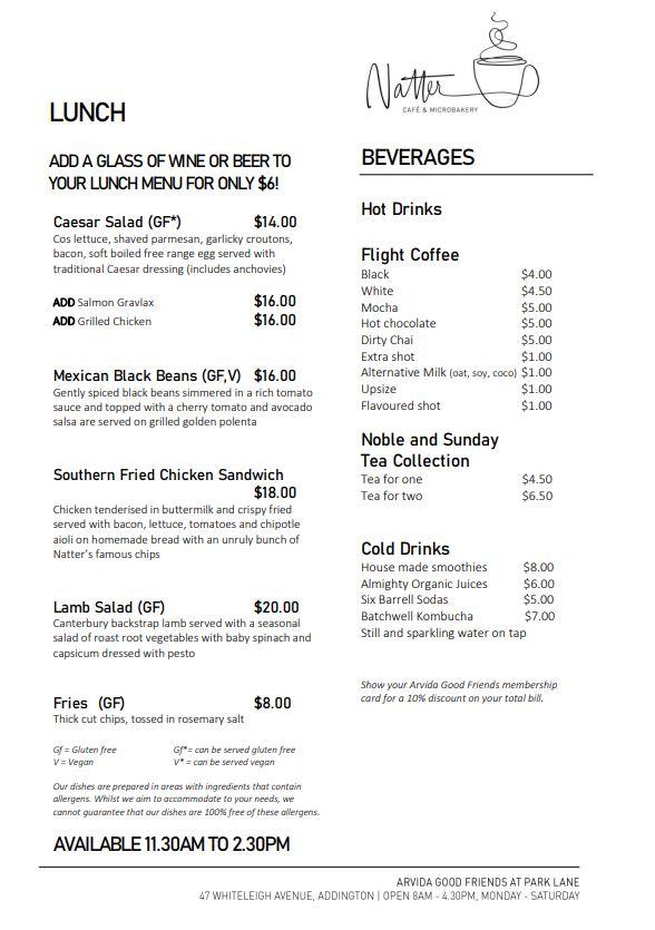 Menu at Natter Cafe & Microbakery, Christchurch