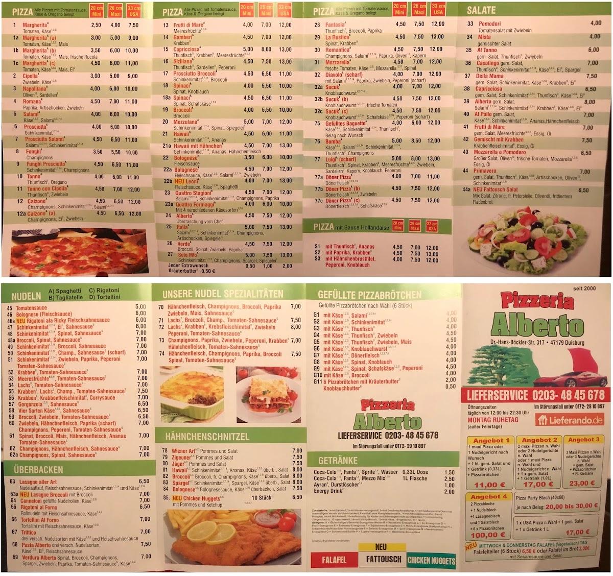 Speisekarte von Pizzeria Alberto, Duisburg