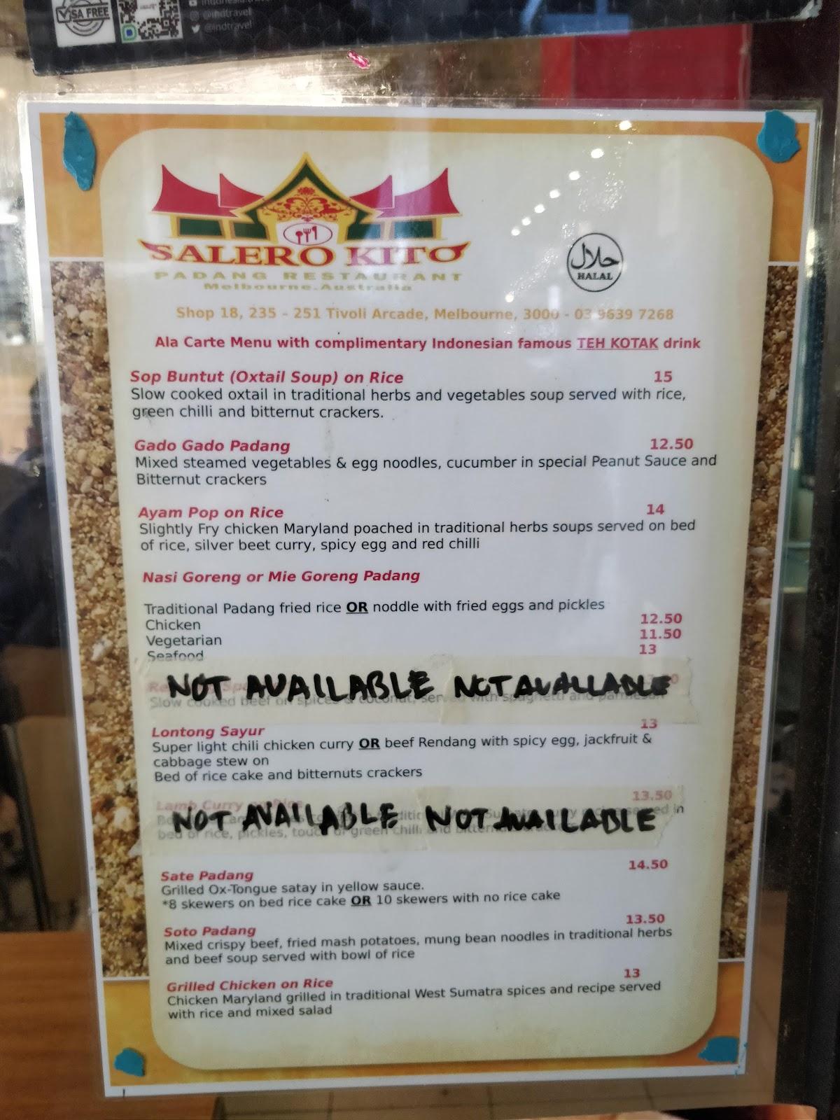 Menu at Salero Kito Padang restaurant, Melbourne