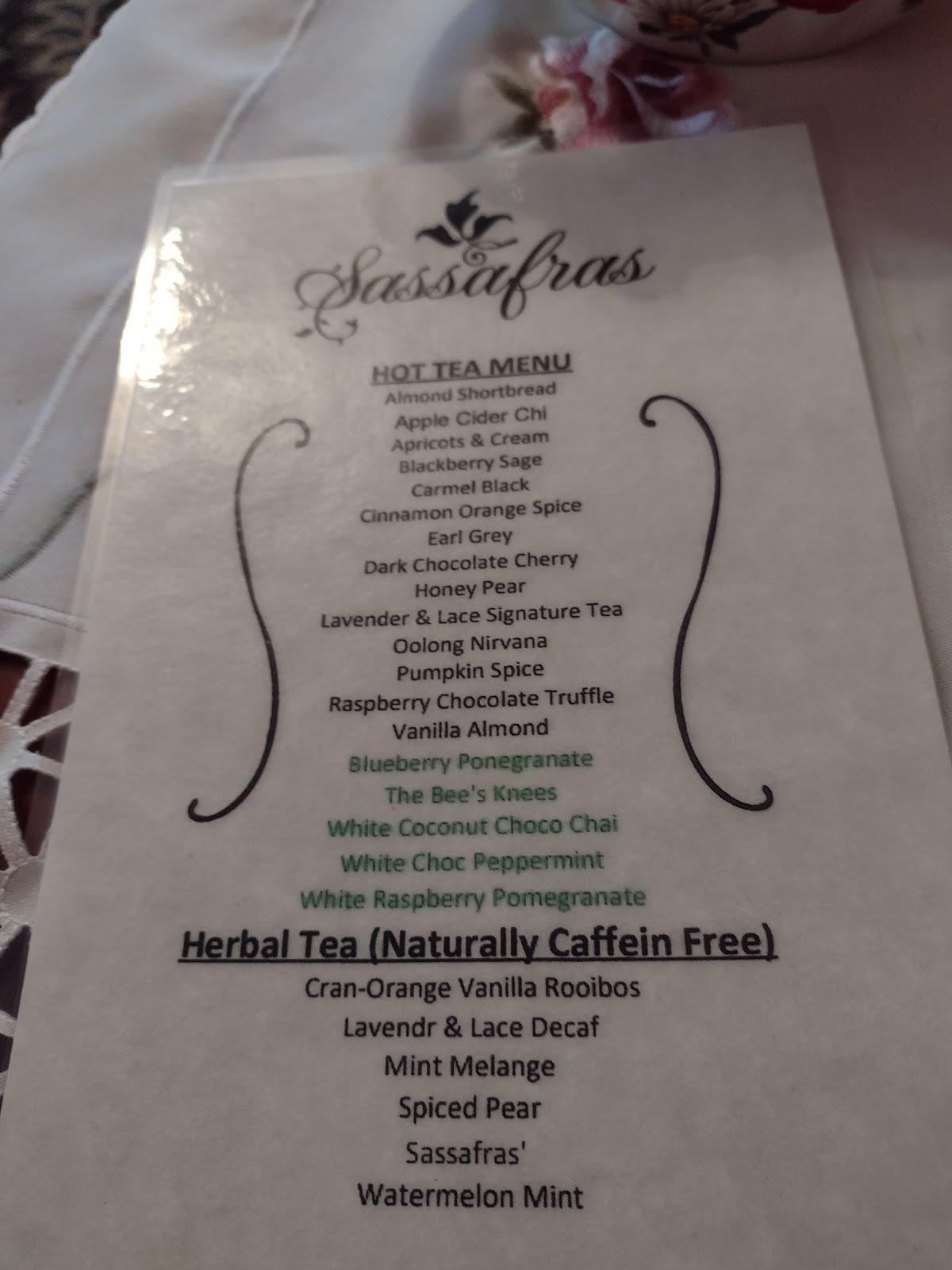 Menu at Sassafras Lunch & Tea Room restaurant, Greenwood