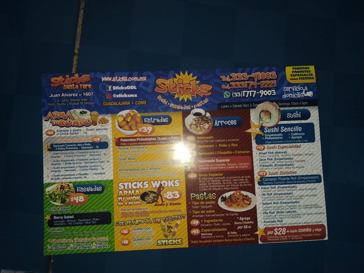 Menu at Sticks Santa Tere restaurant, Guadalajara, Calle Juan Álvarez 1607