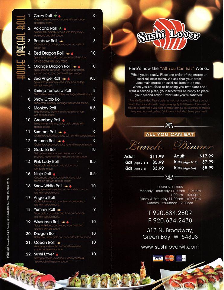 Menu at Sushi Lover restaurant, Green Bay