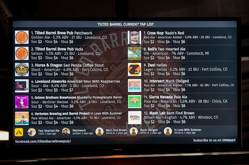 Menu at Tilted Barrel Brew Pub, Loveland