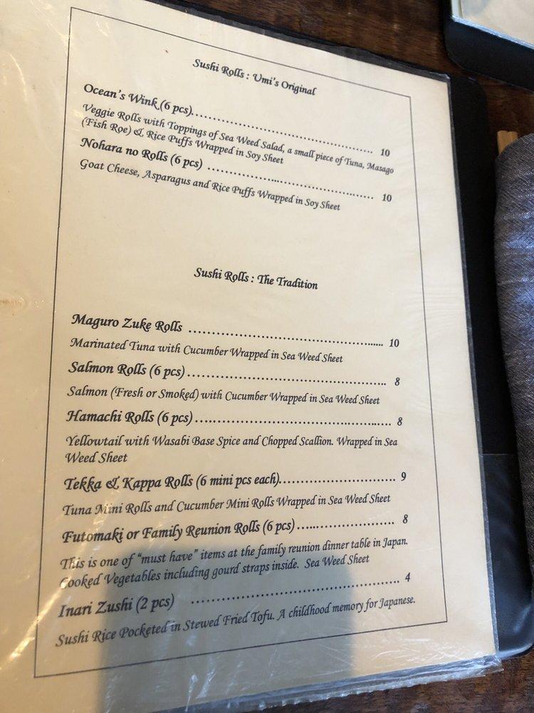 Menu at UMI Japanese Restaurant, Hickory