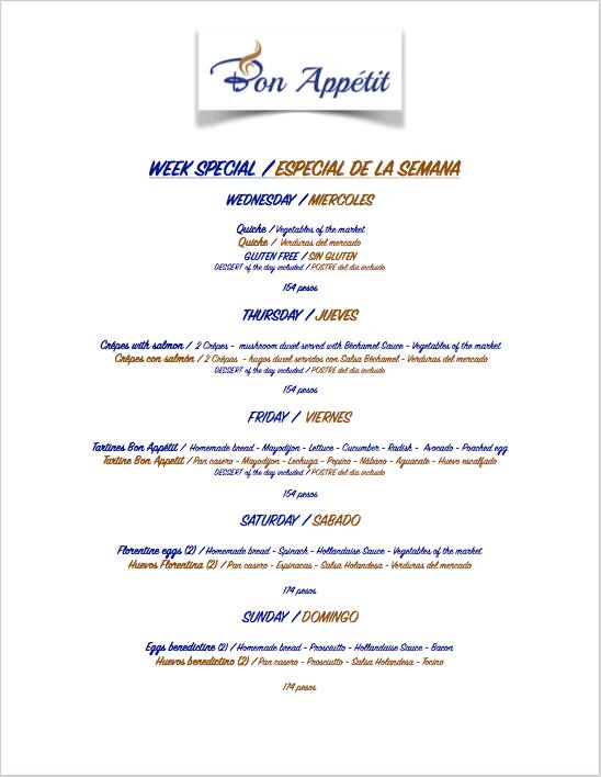 Menu at Bon Appetit restaurant, El Centenario