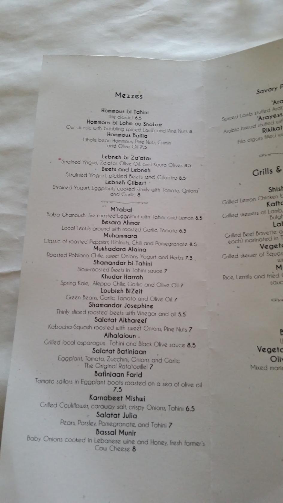 Menu at Cafe Munir, Seattle