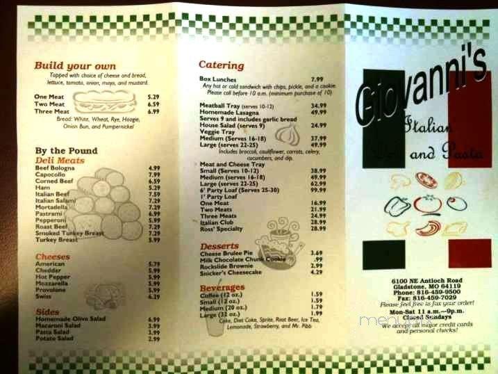 Menu at Giovanni's Italian Deli/Pasta restaurant, Gladstone