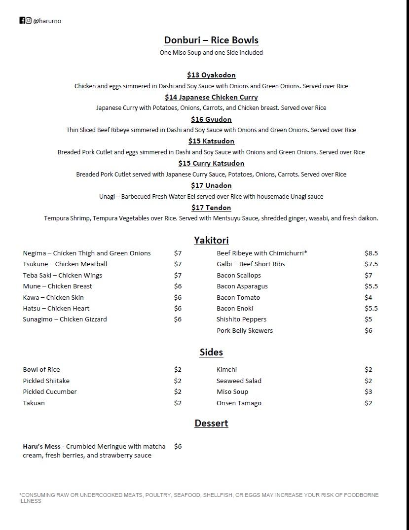 Menu at Haru restaurant, Reno