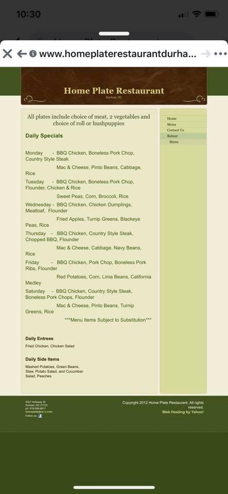 Menu at Home Plate Restaurant, Butner