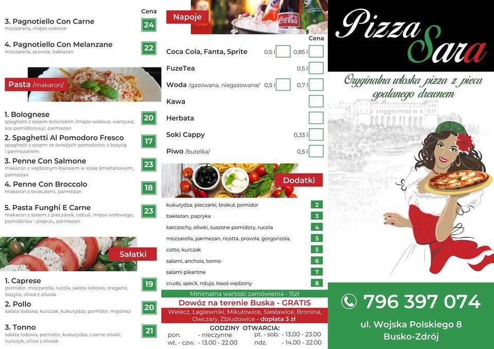 Menu at Pizzeria Sara, Busko-Zdrój