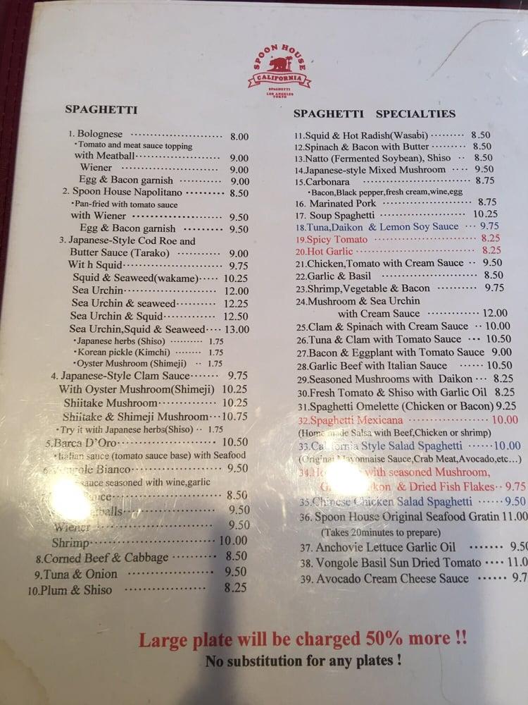 Menu at Spoon House Bakery and Restaurant, Gardena