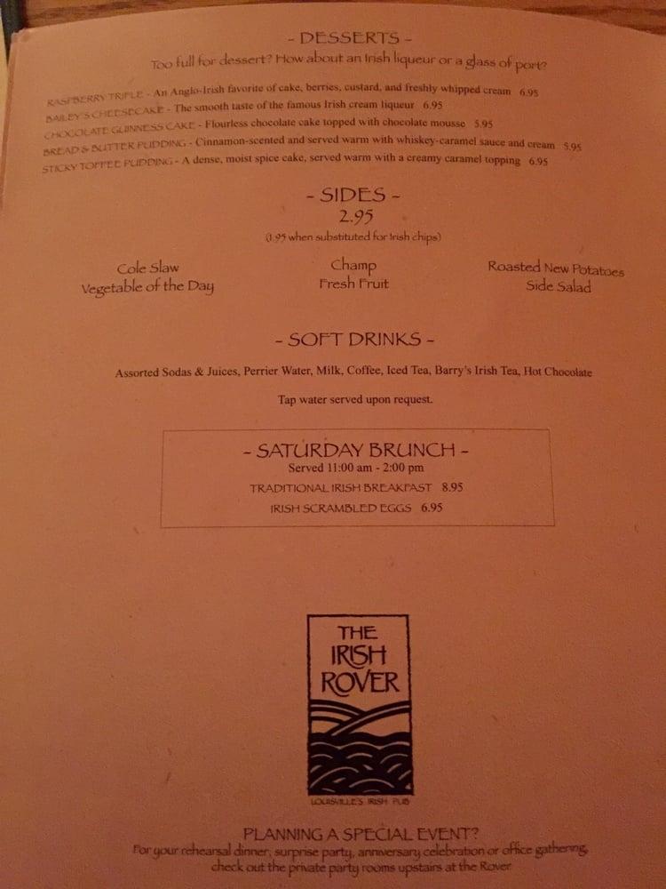 Menu at The Irish Rover pub & bar, Louisville