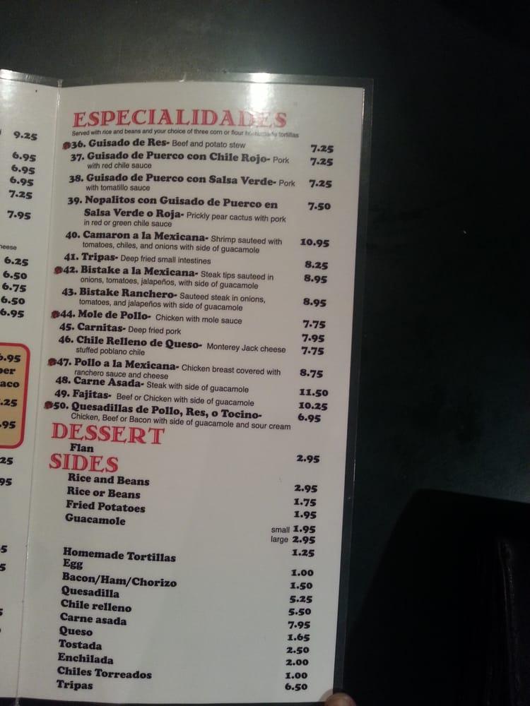 Menu at Tipico's restaurant, Dallas