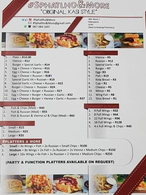 Menu at #sphathlo and More cafe, Mabopane