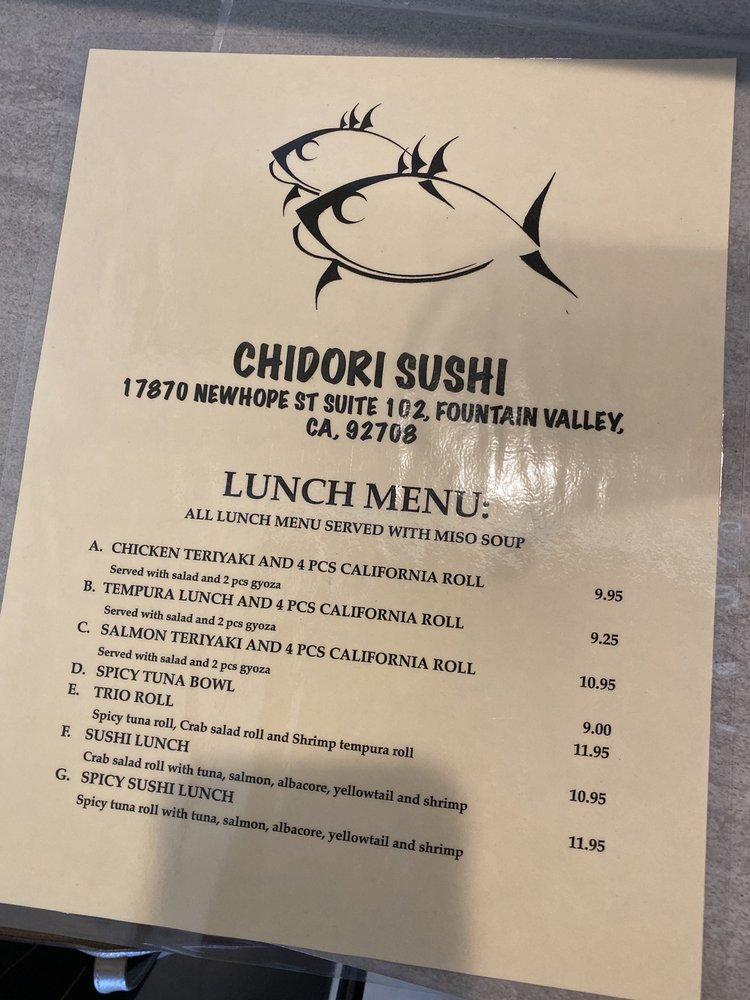 Menu at Chidori Sushi restaurant, Fountain Valley