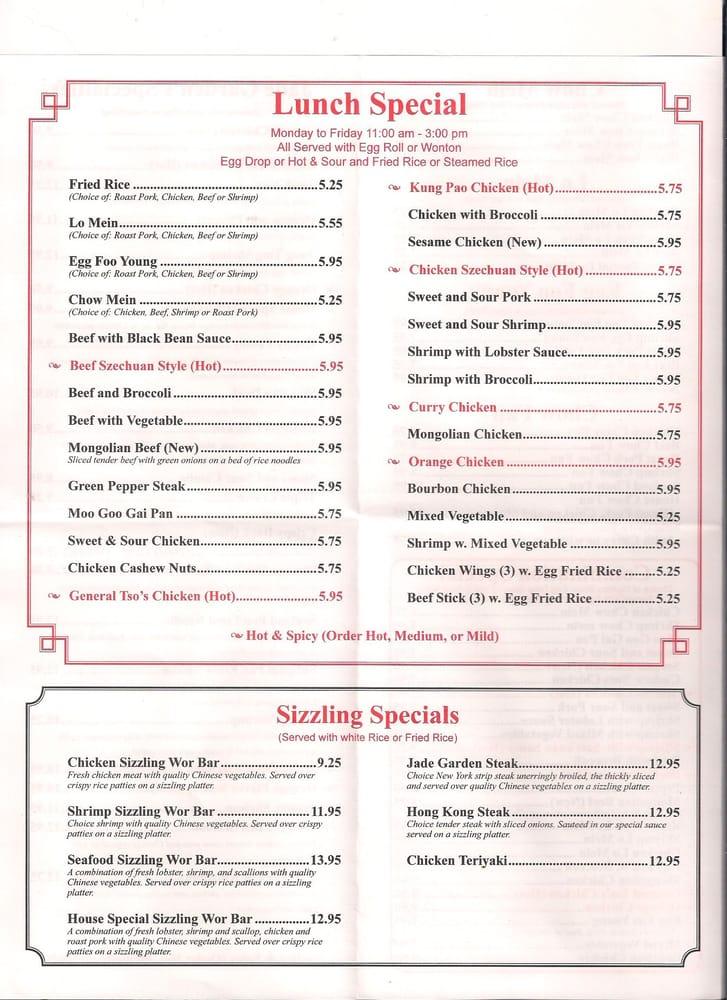 Menu at Jade garden restaurant, Orange City