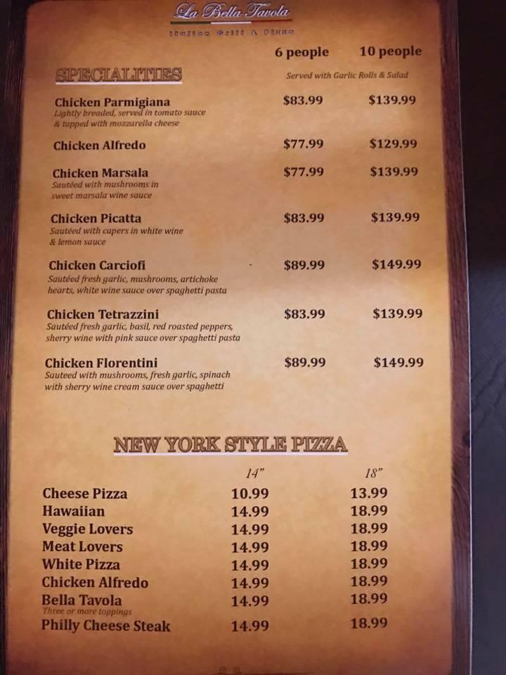 Menu at La Bella Tavola restaurant, Cuero