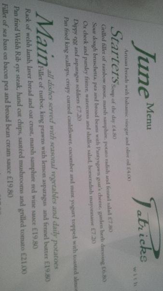Menu at Patricks With Rooms restaurant, The Mumbles