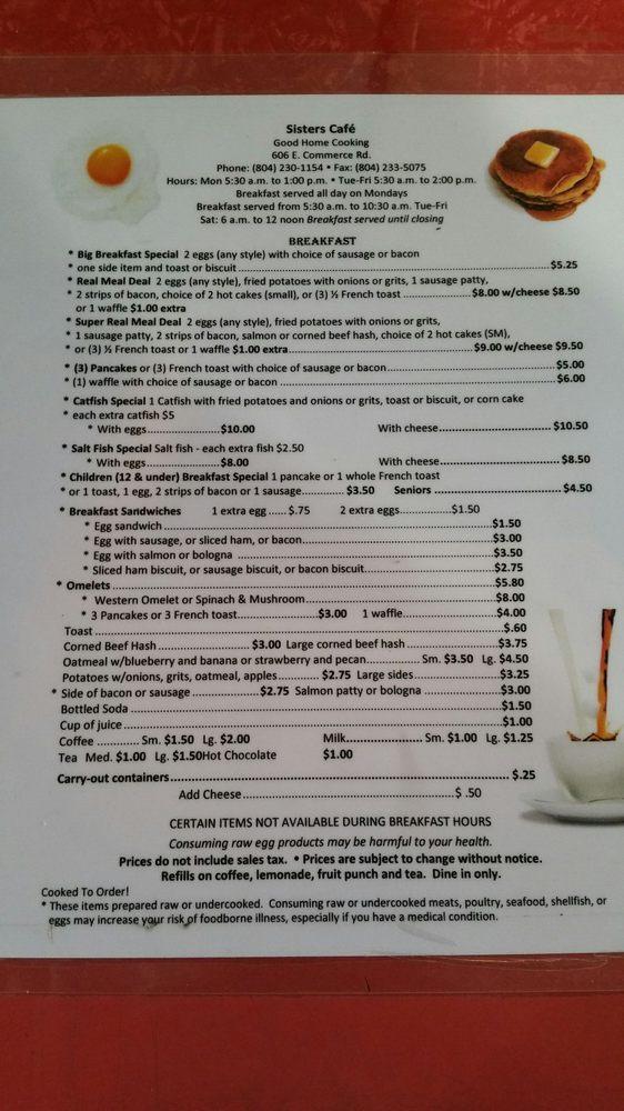 Menu at Sisters Cafe, Richmond