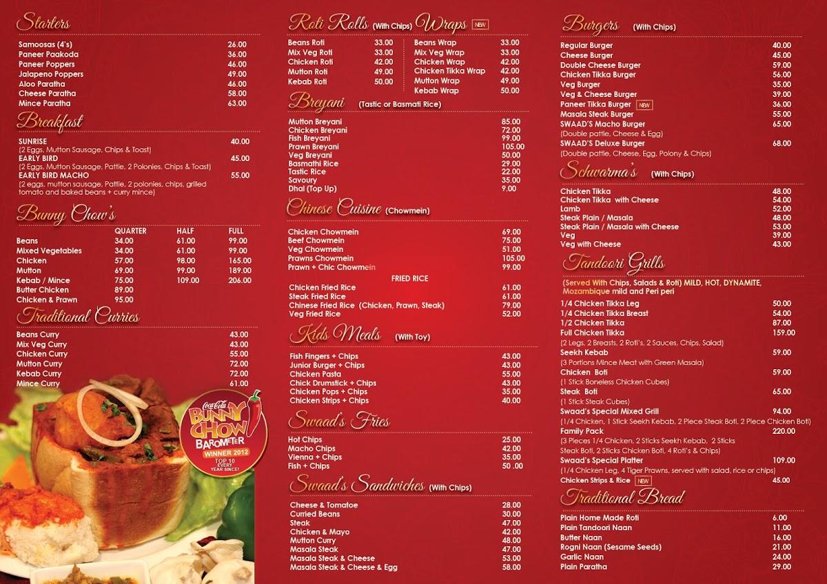 Menu at Swaadisht Foods PMB restaurant, Pietermaritzburg, 16 Chatterton Rd