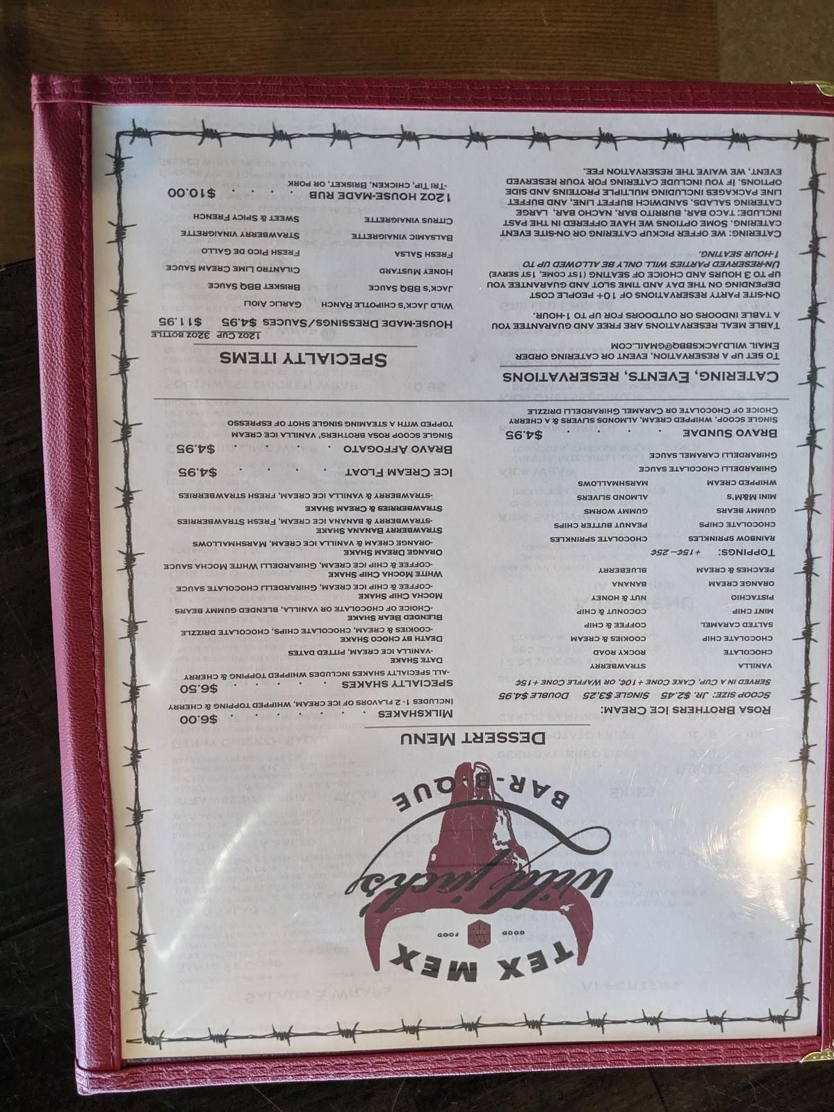 Menu at Wild Jack's restaurant, Traver
