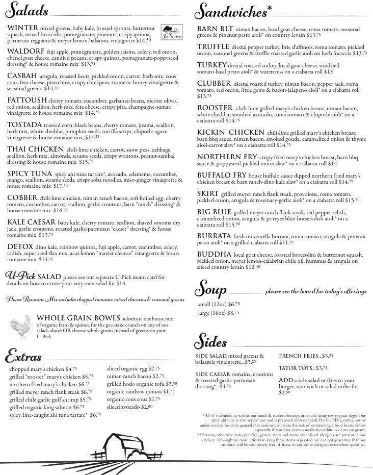 Menu at Blue Barn, Novato