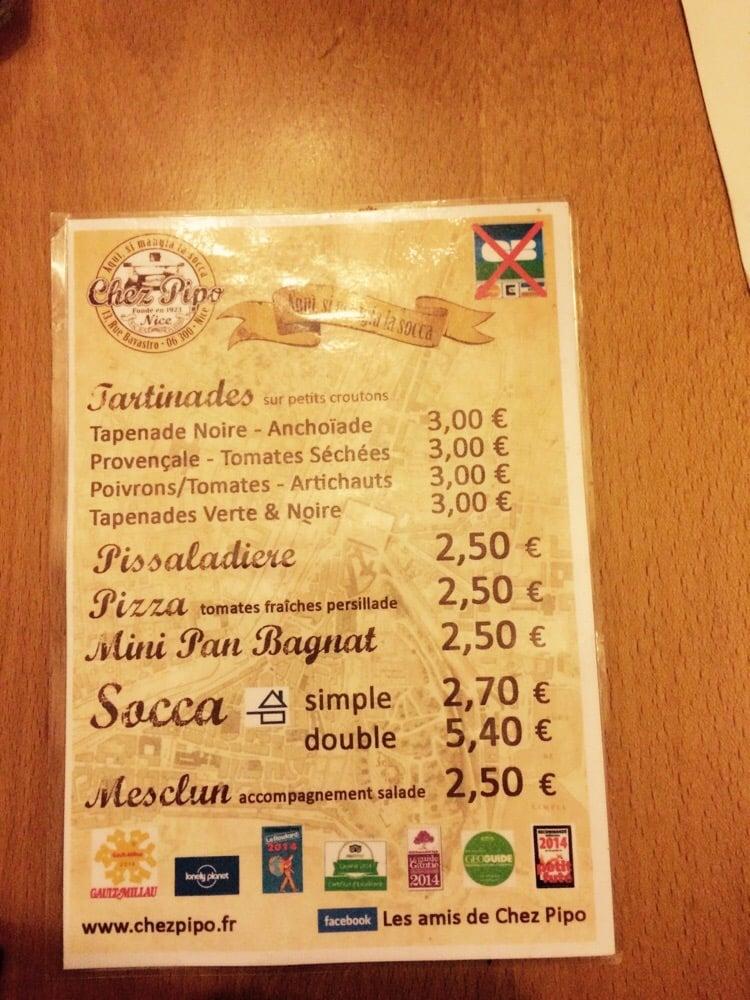 Menu at Chez Pipo restaurant, Nice, 13 Rue Bavastro