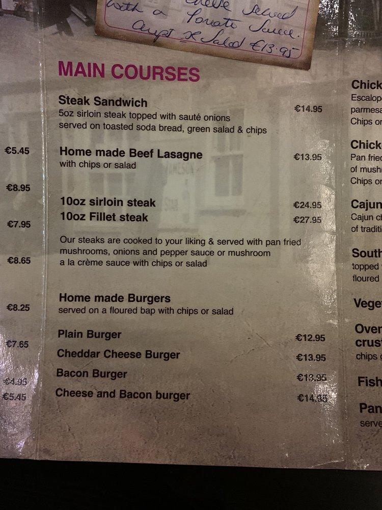 Menu at Fureys Bar, Moyvally