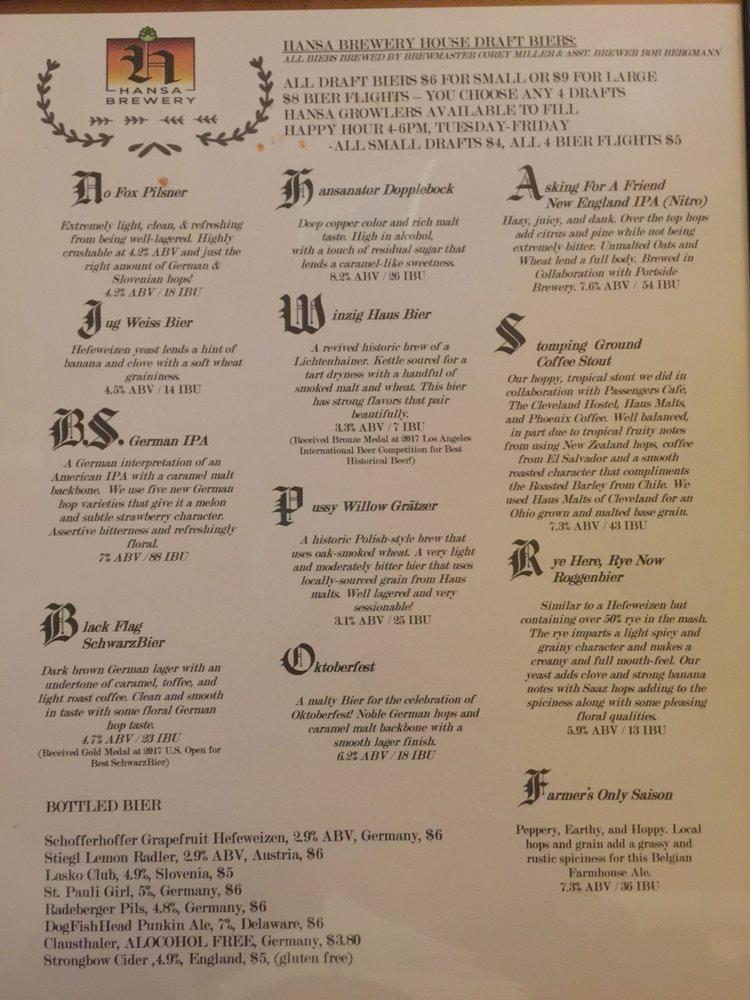 Menu at Hansa Brewery pub & bar, Cleveland