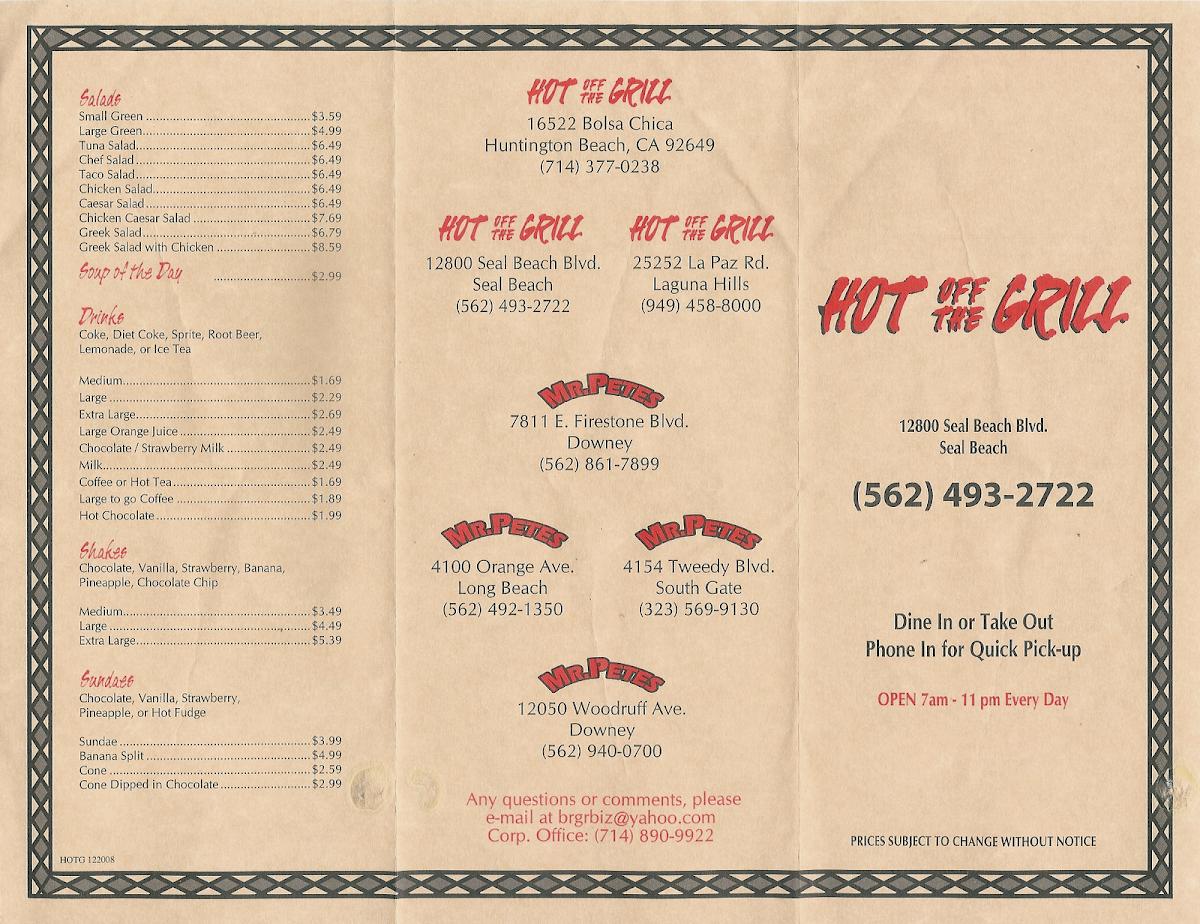 Menu at Hot Off The Grill restaurant, Seal Beach, Seal Beach Blvd
