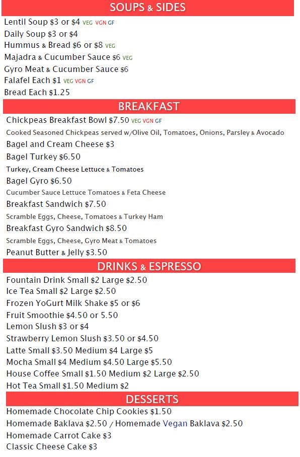 Menu at Ozzies Deli & Gyros restaurant, Portland
