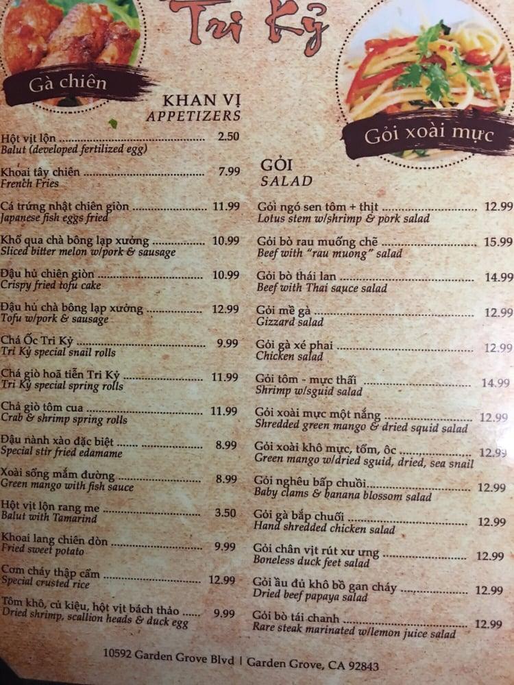 Menu at Quán Tri Kỷ restaurant, Garden Grove