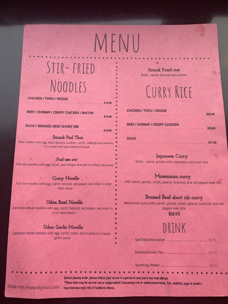 Menu at Smack Noodle restaurant, Maynard