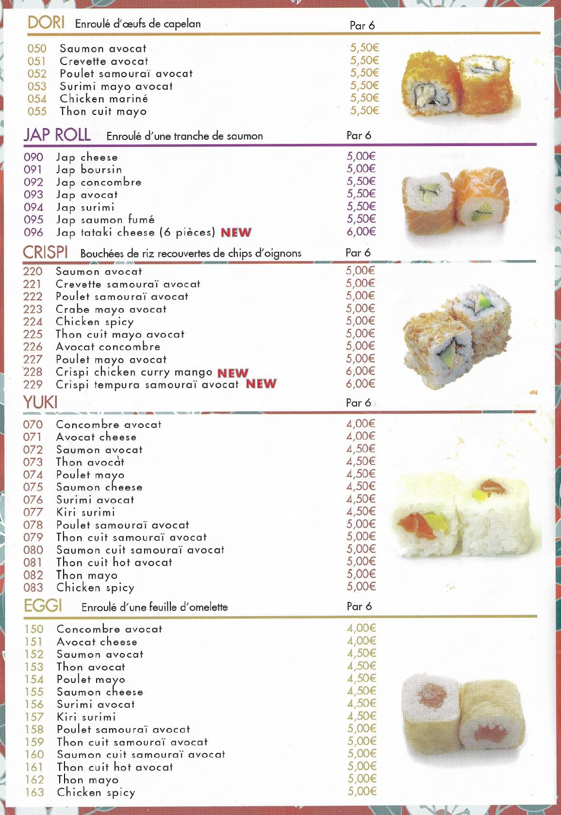 Menu at Sushi Time's restaurant, Maurepas