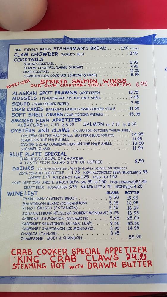 Menu at The Crab Cooker restaurant, Newport Beach, Newport Blvd