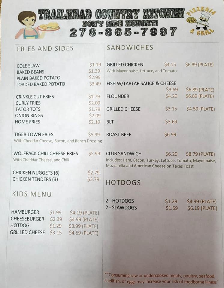 Menu at Trailhead Country Kitchen restaurant, Haysi, Dickenson Hwy