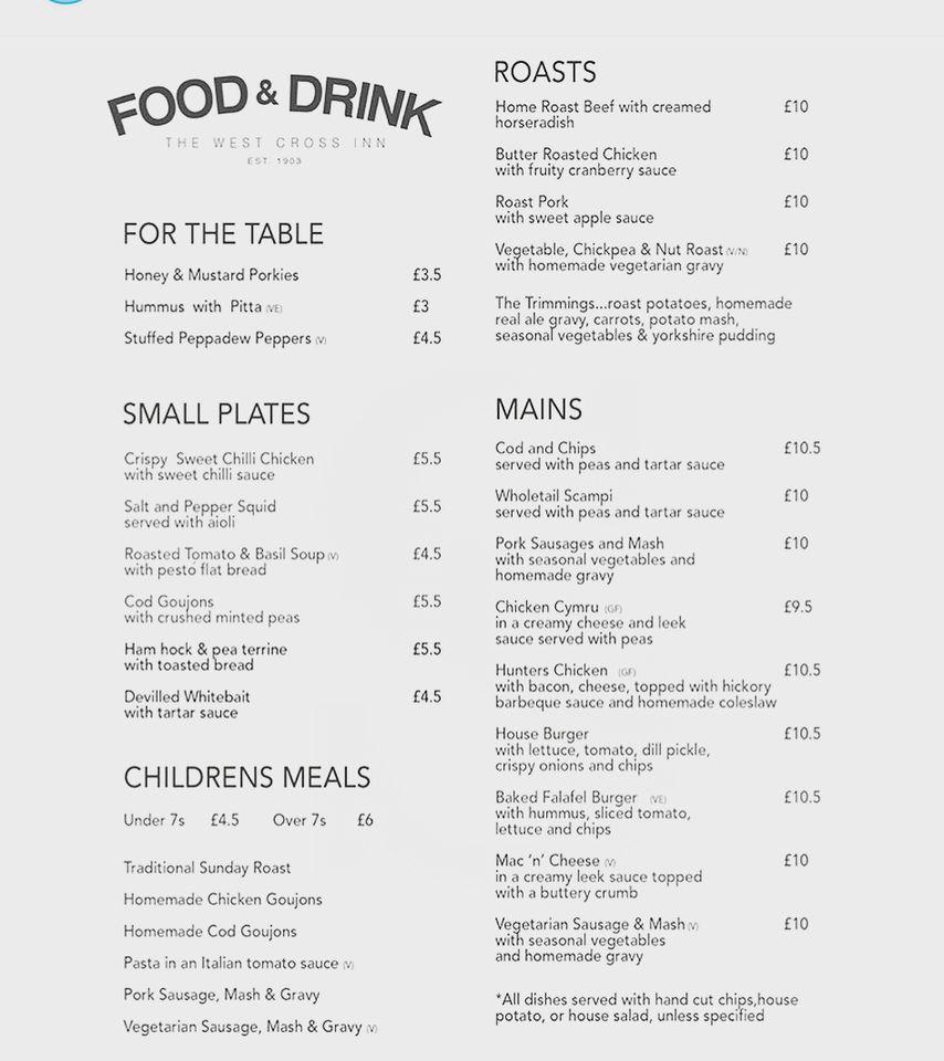 Menu at The West Cross Inn pub & bar, Mayals, 43 Mumbles Rd