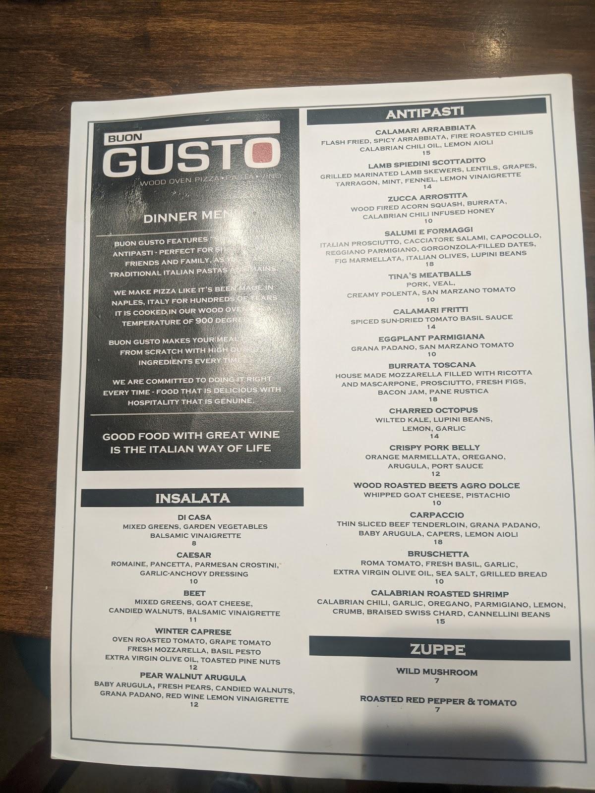 Menu at Buon Gusto Restaurant, Guelph