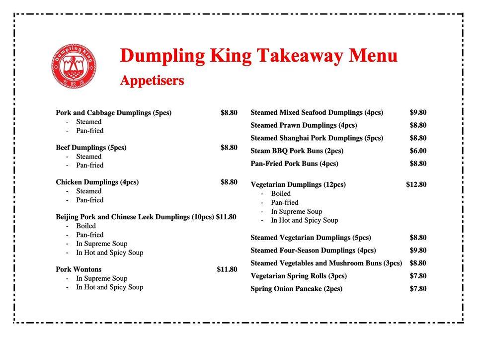 Menu at Dumpling King fast food, Box Hill