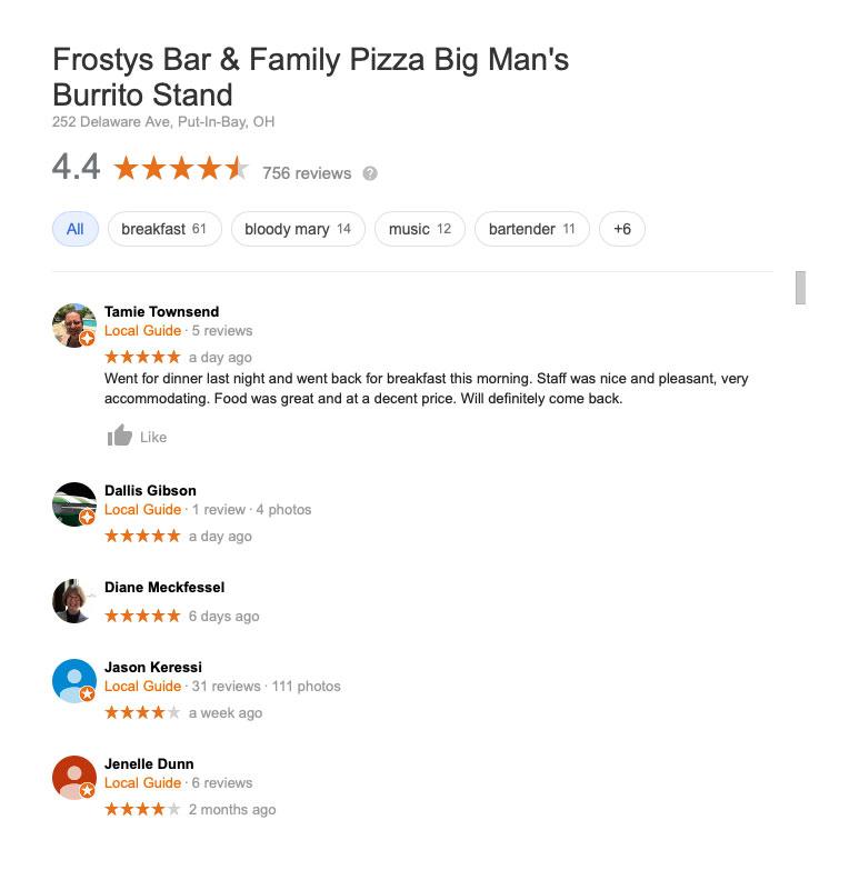 Menu at Frosty Bar, Put-in-Bay