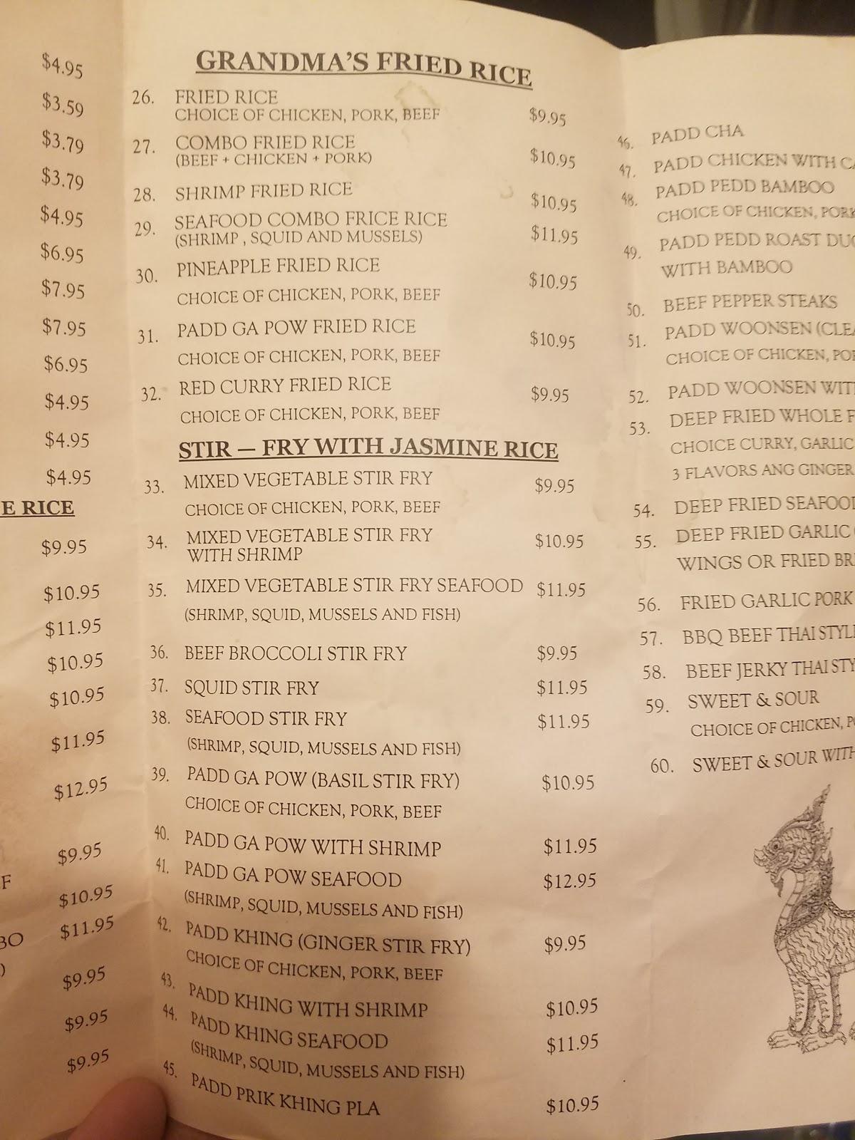 Menu at Grandma’s Thai Cuisine restaurant, Harker Heights