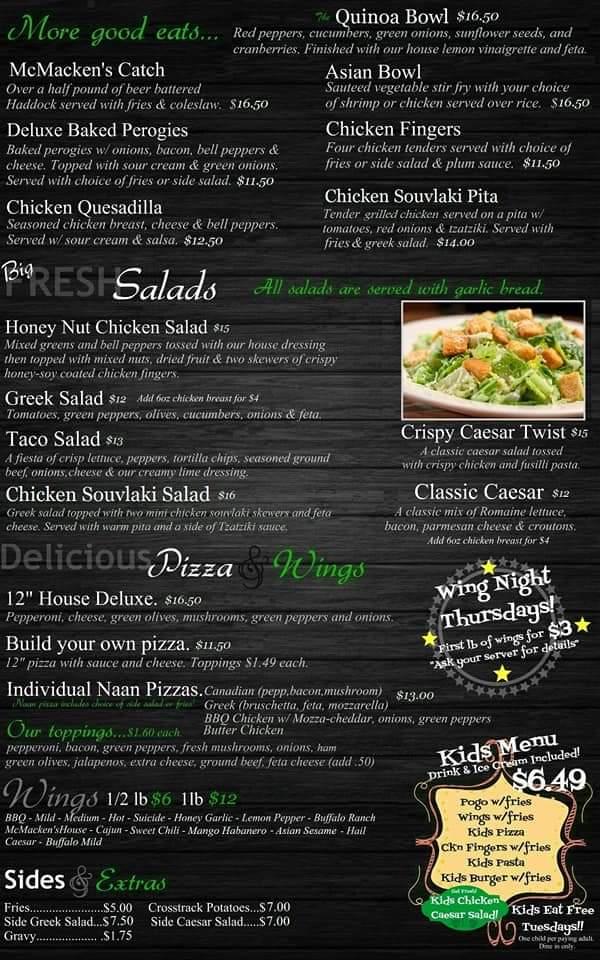 Menu at McMacken's pub & bar, West Nipissing